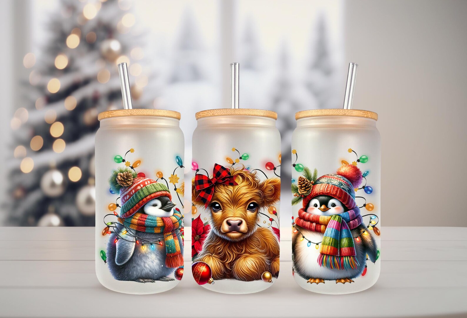 UVDTF Wrap Highland Cow Penguins 16oz Can Glass Mug Tumbler, Christmas ...