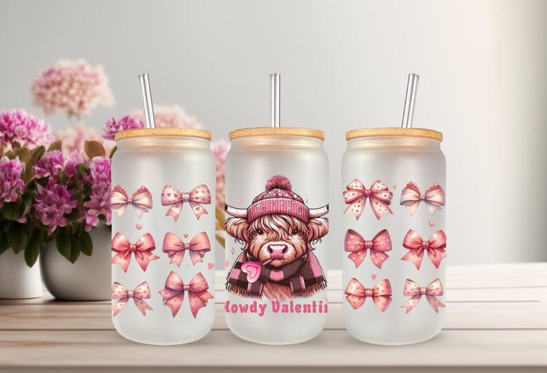 UVDTF Wrap Highland Cow Valentine Howdy 16oz Can Glass Mug Tumbler ...