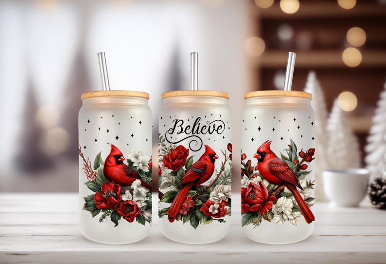 UVDTF WRAP Cardinal Believe Christmas 16oz Can Glass Mug Tumbler, Ready ...