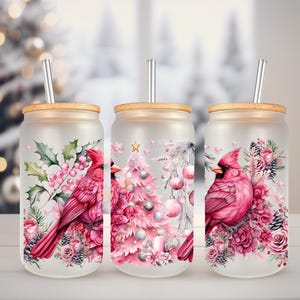 UVDTF WRAP Cardinal Pink Christmas Tree 16 Oz Can Glass Mug Tumbler ...