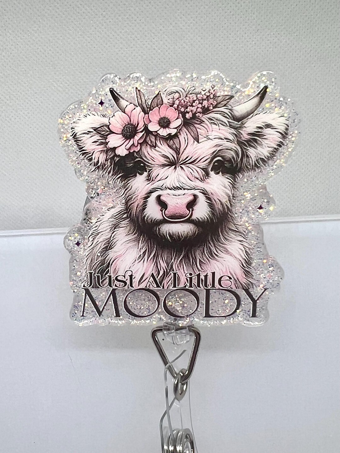 Highland Cow Badge Reel, Funny Moody Cow Retractable ID Holder, Glitter ...
