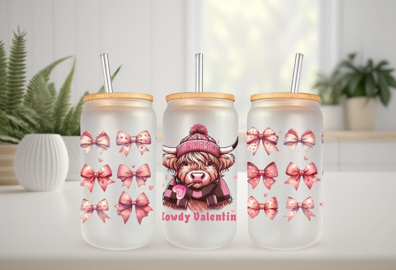 UVDTF Wrap Highland Cow Valentine Howdy 16oz Can Glass Mug Tumbler ...