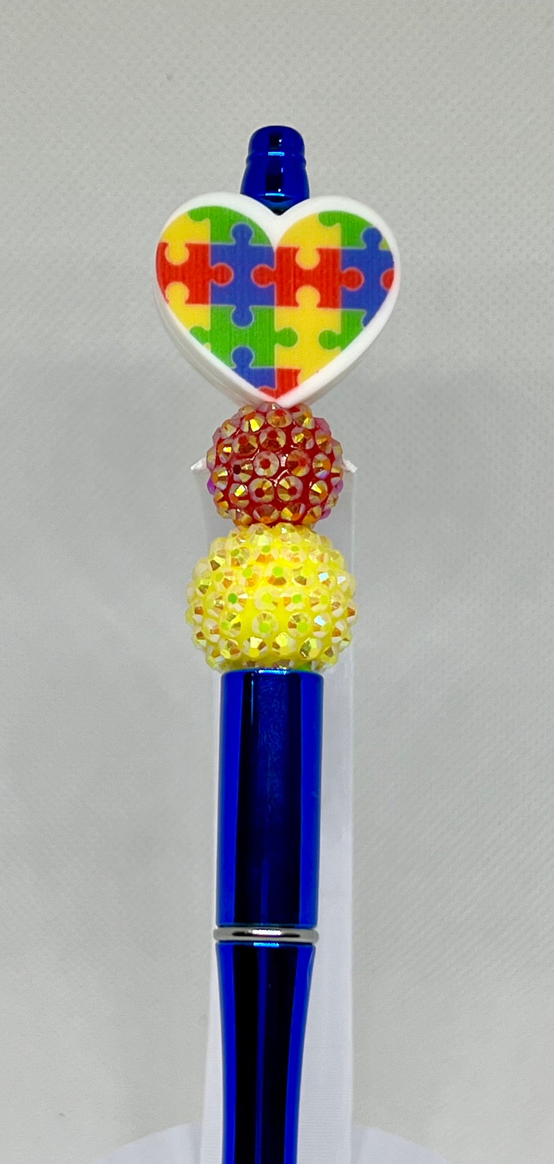 Autism Puzzle Heart Beaded Pen Retractable Ink Pen Autism Awareness Pen ...