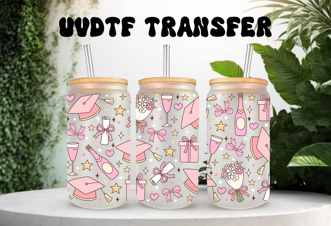 UVDTF Wrap Floral Graduation Caps Bows 16oz Can Glass Mug Tumbler ...