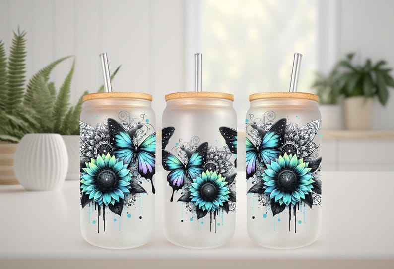UVDTF Wrap Butterfly Sunflower for 16oz Can Glass Mug Tumbler, Ready to ...