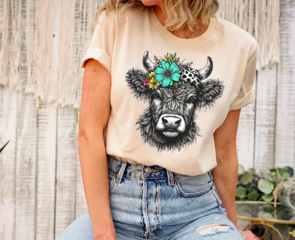 Screenprint Color Highland Cow Colorful Flowers, Full Color Transfer ...