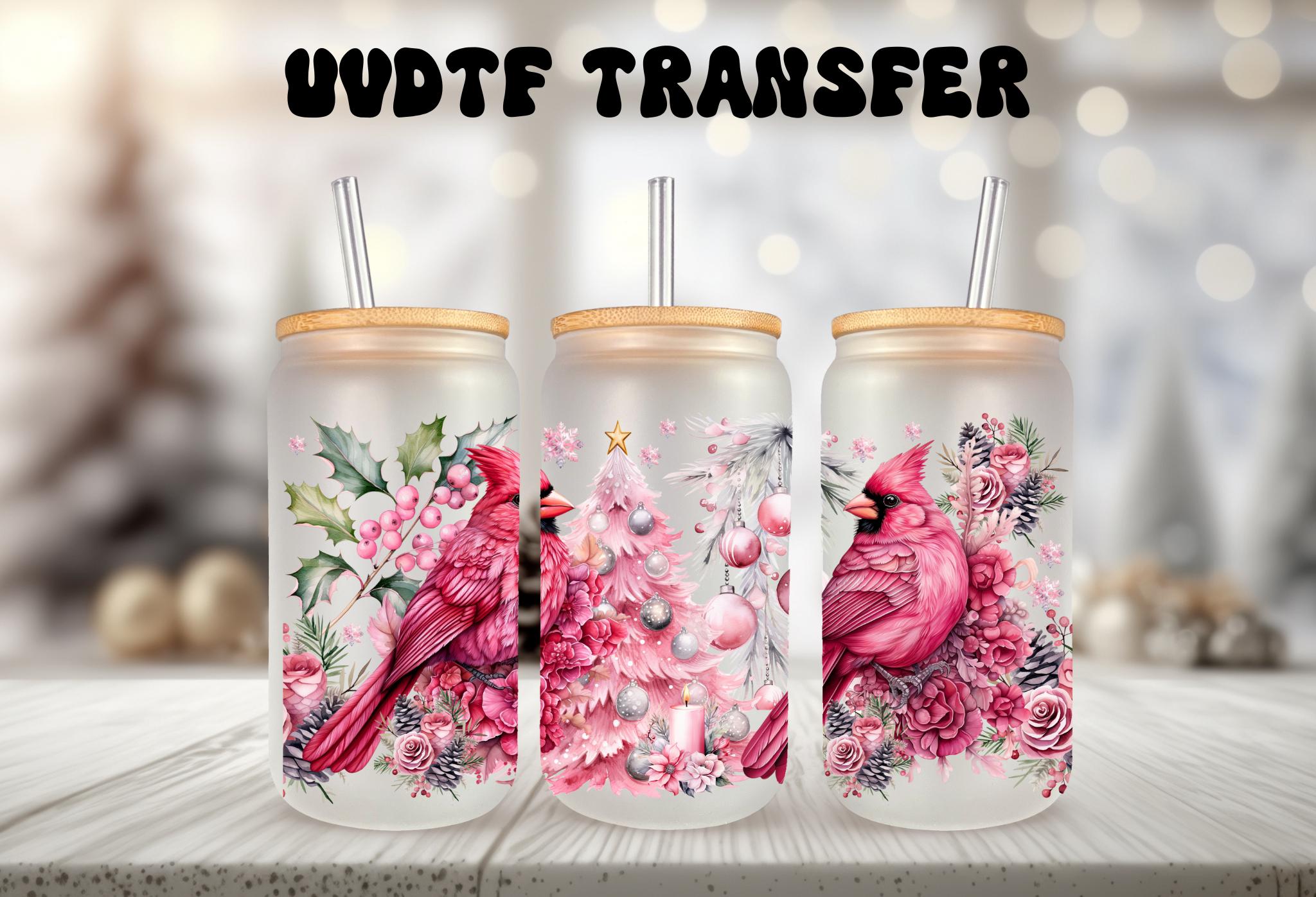 UVDTF WRAP Cardinal Pink Christmas Tree 16 Oz Can Glass Mug Tumbler ...