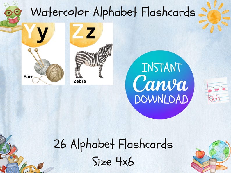 ABC Alphabet Flash Cards, Watercolor Alphabet Flash Cards,printable ...