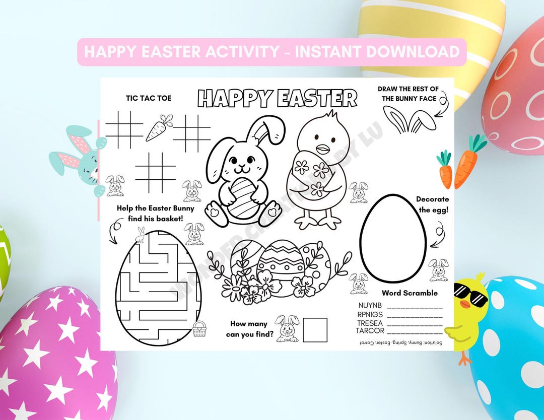 Easter Activity Placemat, Easter Coloring Page, Printable Easter Party ...