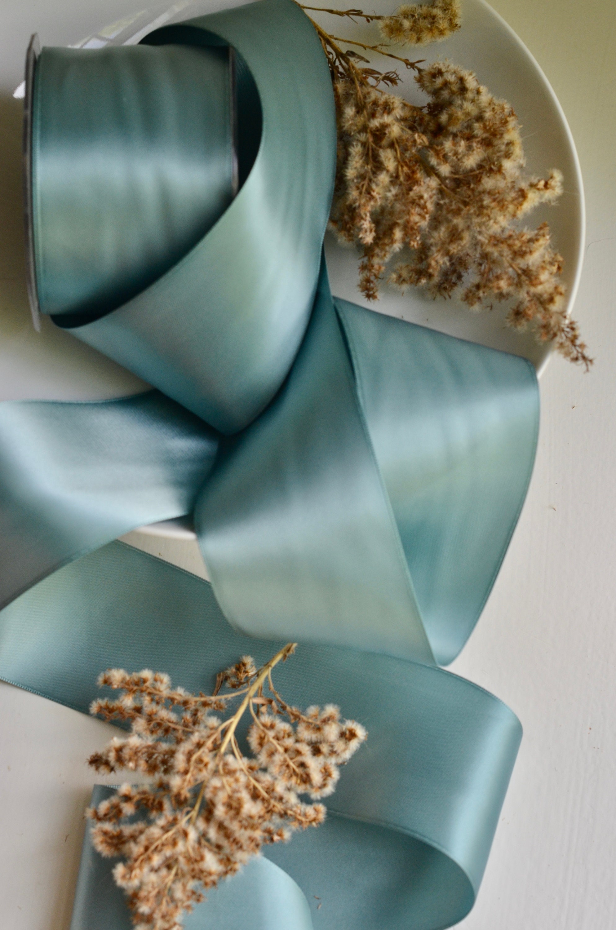 Faded jade green double face satin ribbon | Etsy