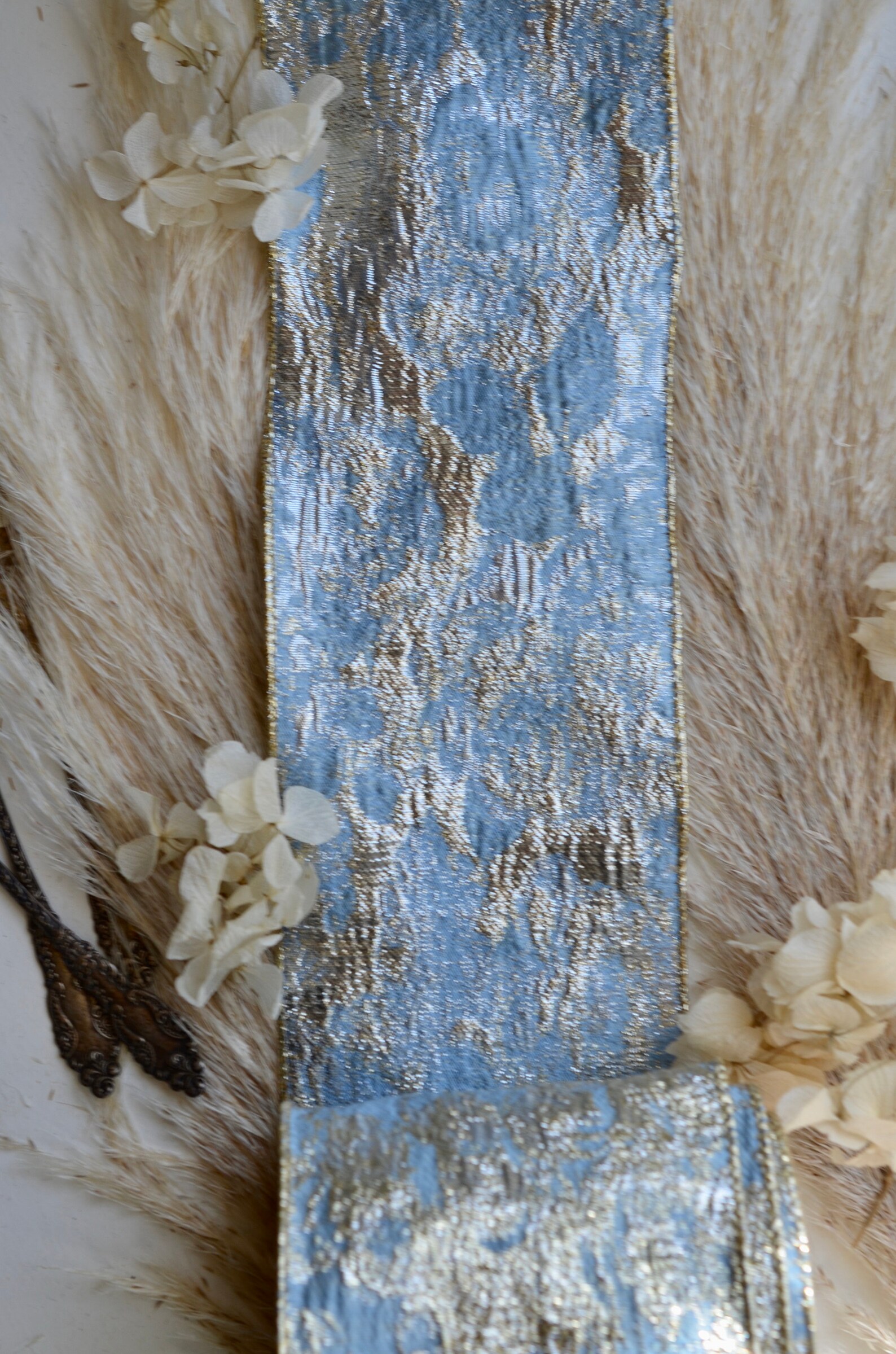 Gilded Gold and Light Blue Brocade 4" Wired Ribbon - Etsy