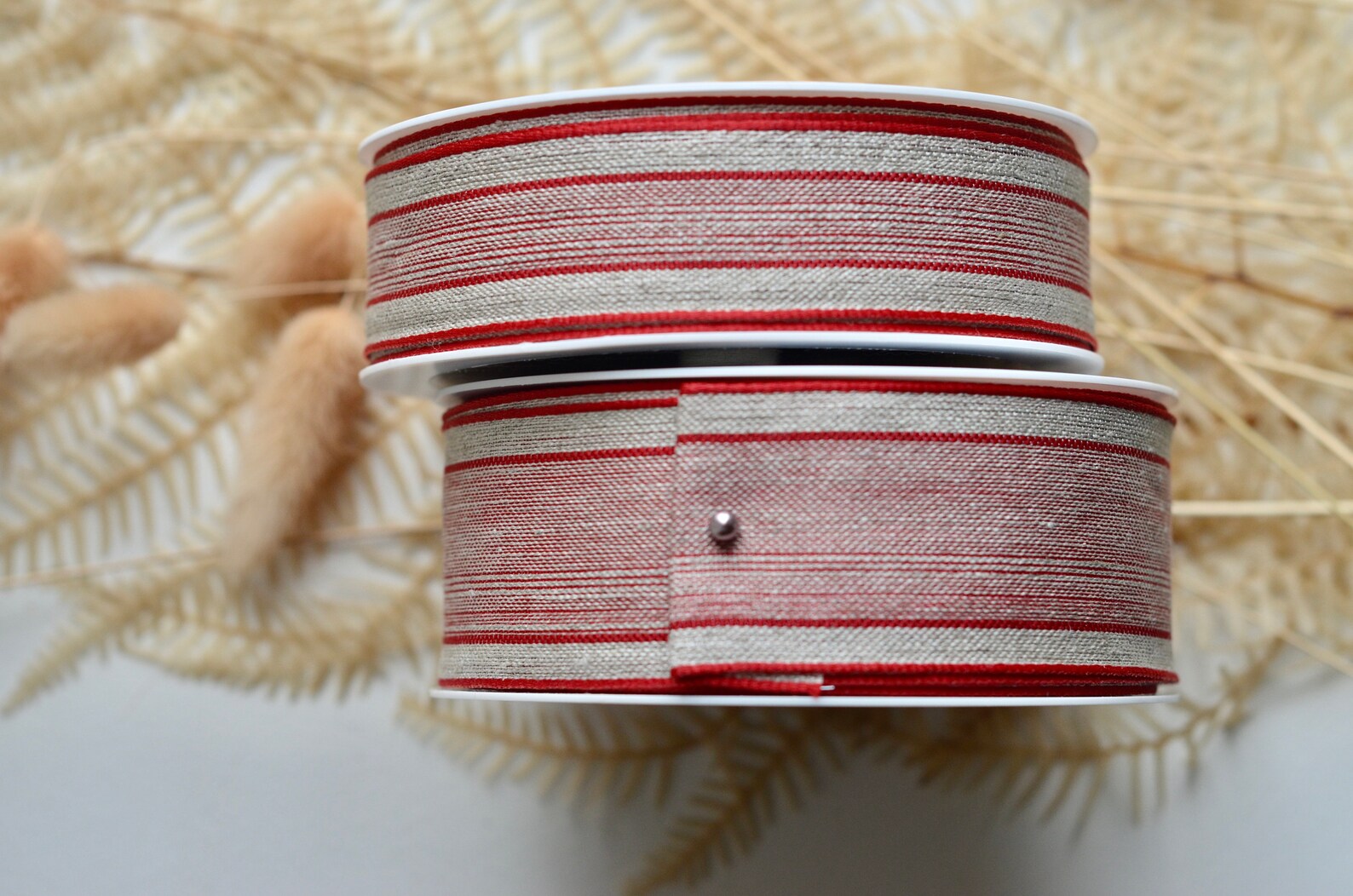 Red and natural linen ribbon | Etsy