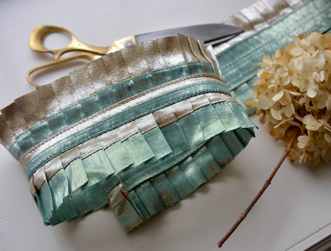Celadon Metallic Dupioni Pleated Ruffle 4" Wired Ribbon - Etsy