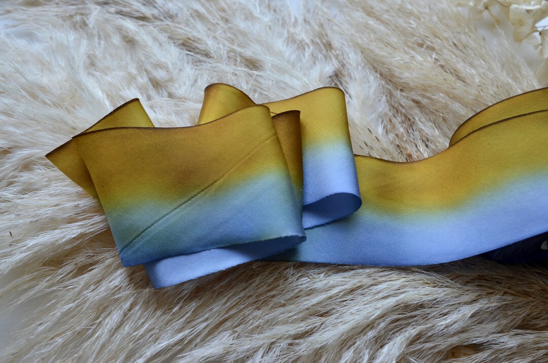 Prairie Sunset Blue and Gold Chocolate Hand Dyed 2 1/2" Wide Silk Satin ...