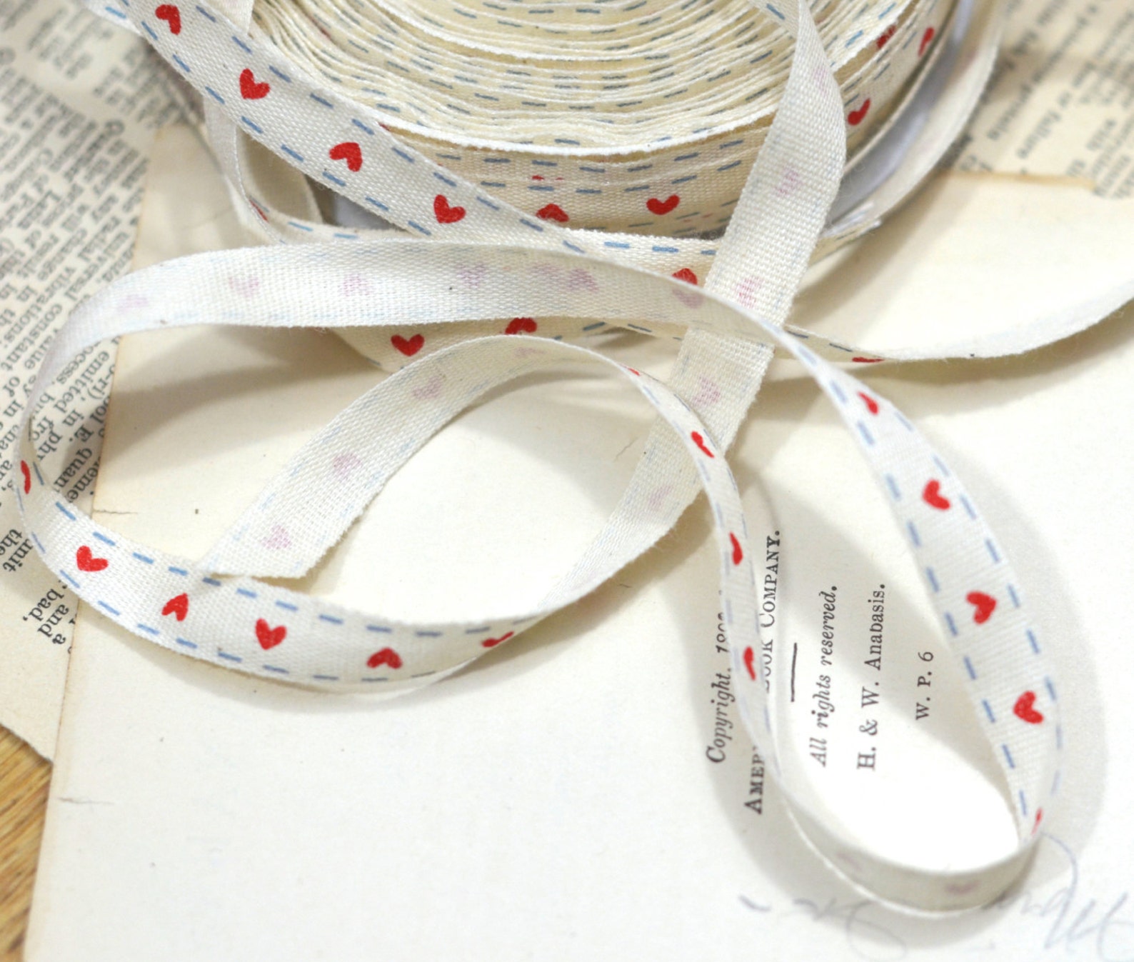 30 Yard Roll of Natural Muslin Printed Ribbon With Hearts and Light ...
