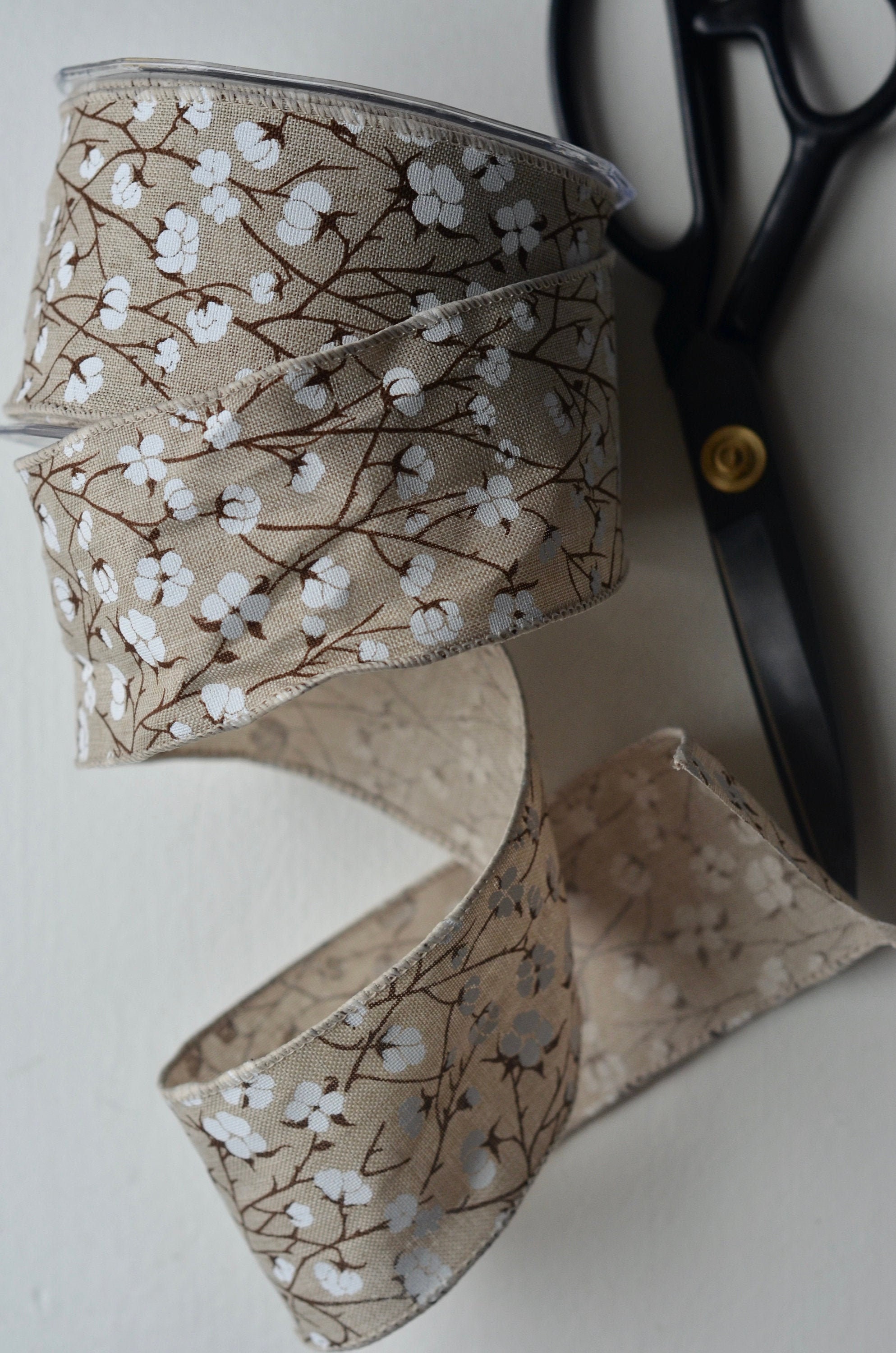 Cotton branch and bloom wired ribbon | Etsy