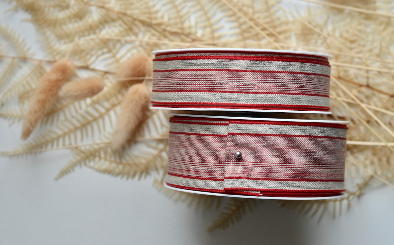 Red and natural linen ribbon | Etsy