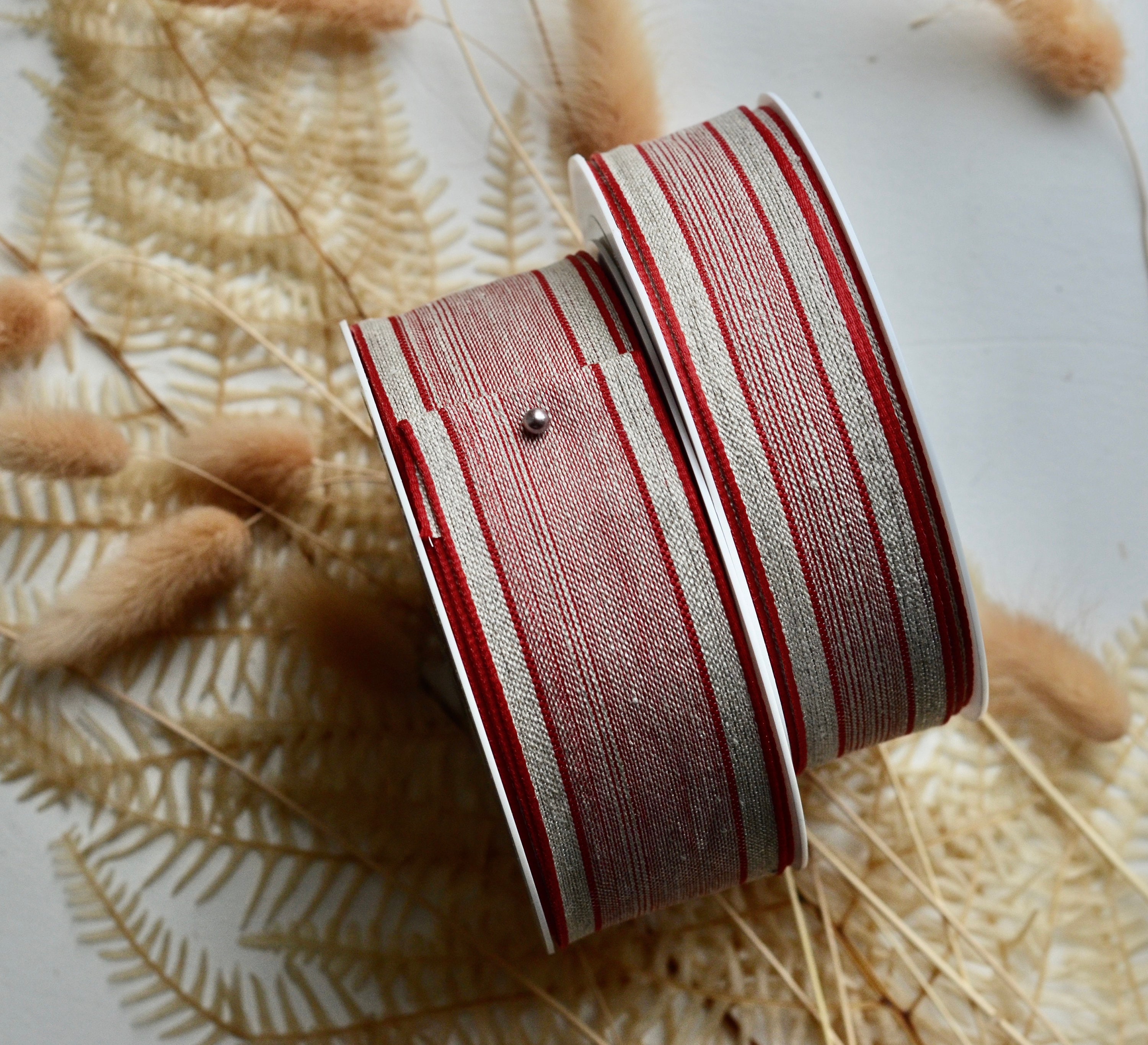 Red and natural linen ribbon | Etsy