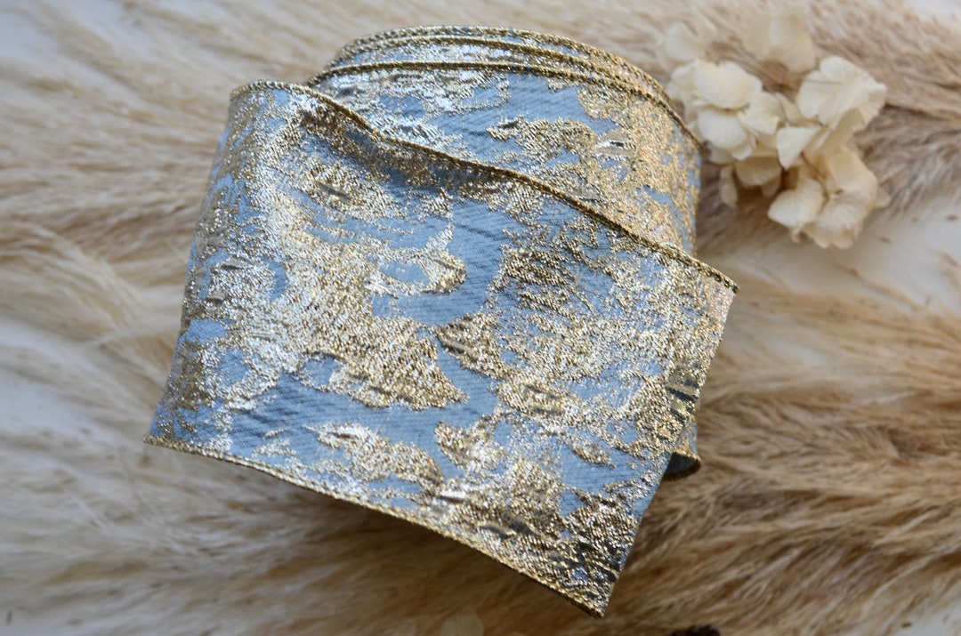 Gilded Gold and Light Blue Brocade 4" Wired Ribbon - Etsy