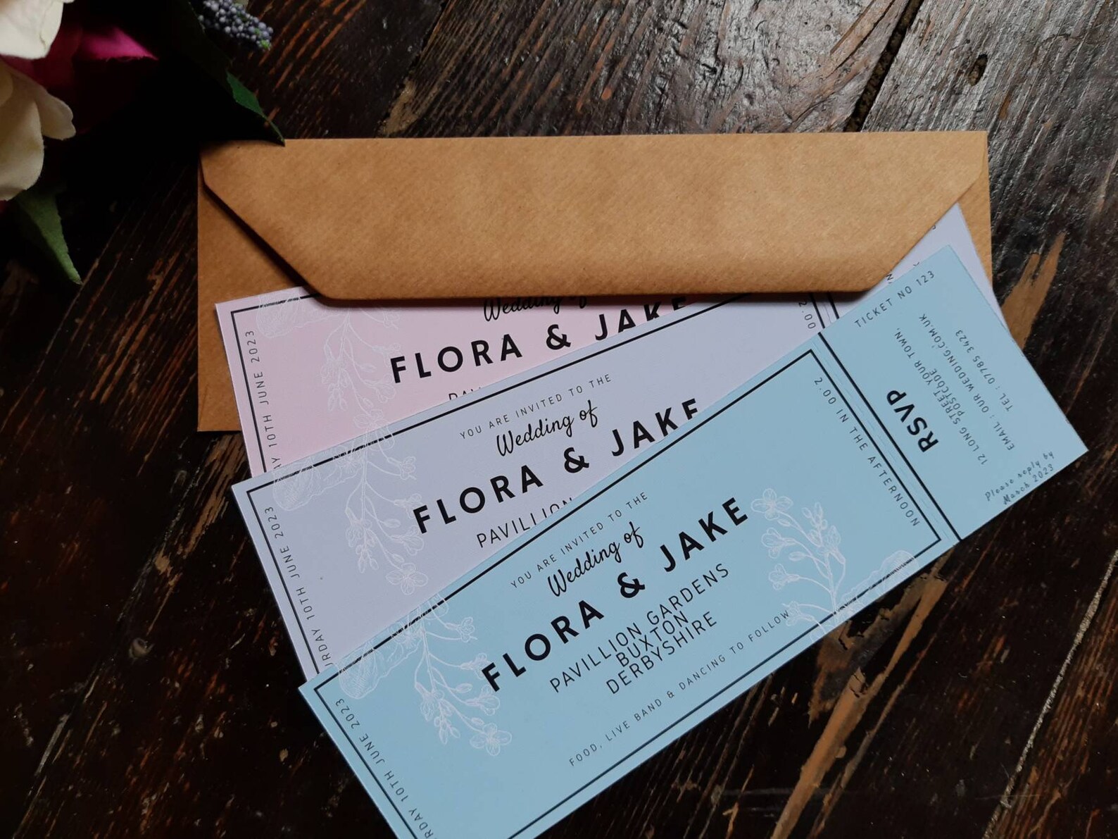 Pretty pastel ticket style wedding invitations | Etsy