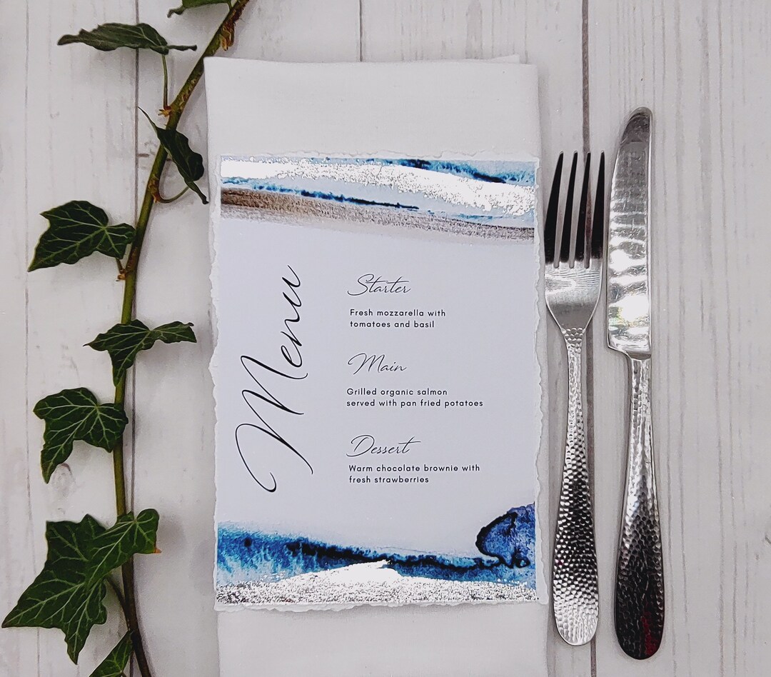 Seascape Watercolour Individual Menus With Silver or Gold Leaf and Soft ...