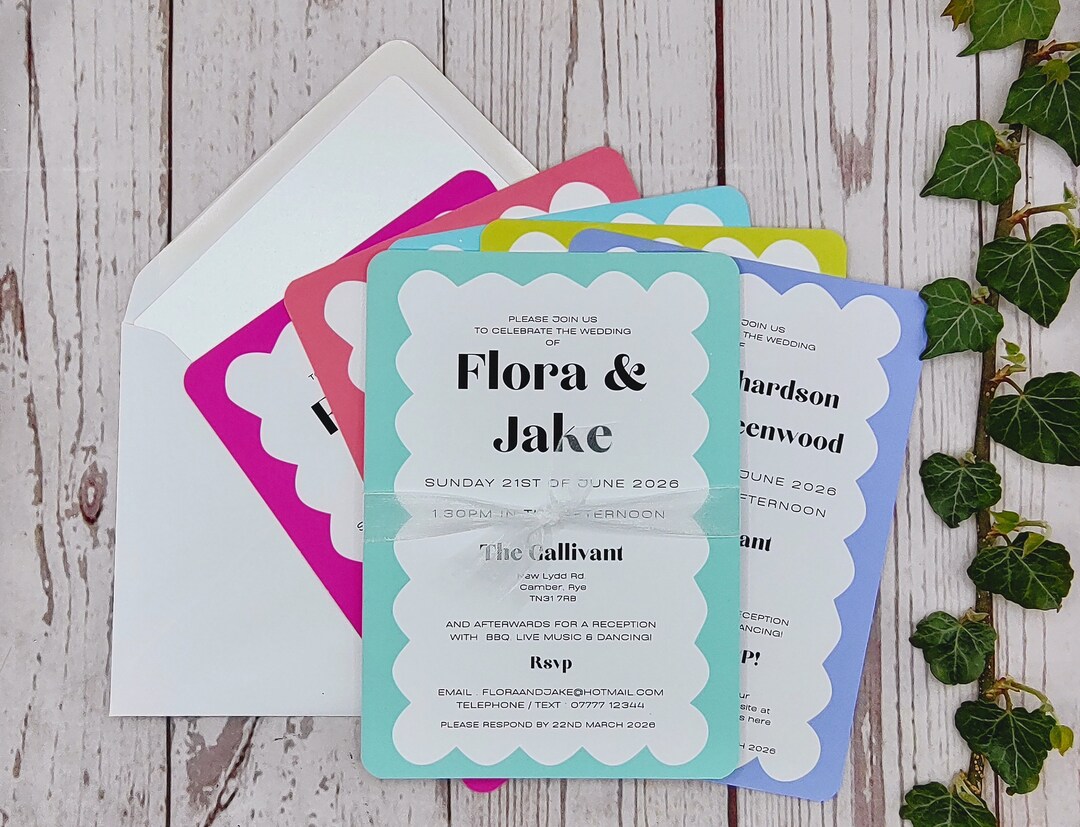 Colourful Scallop Wedding Invitations With Ribbon & Pearlescent ...