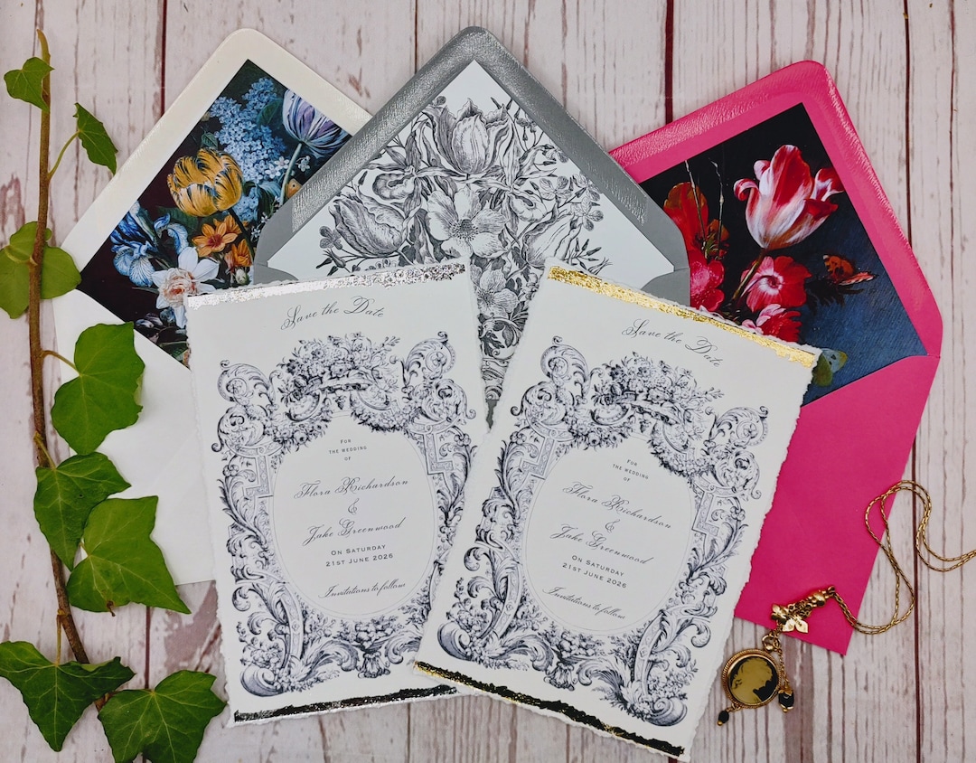 Baroque Save the Dates With Gold Leaf & Floral Envelope Liners, Vintage ...