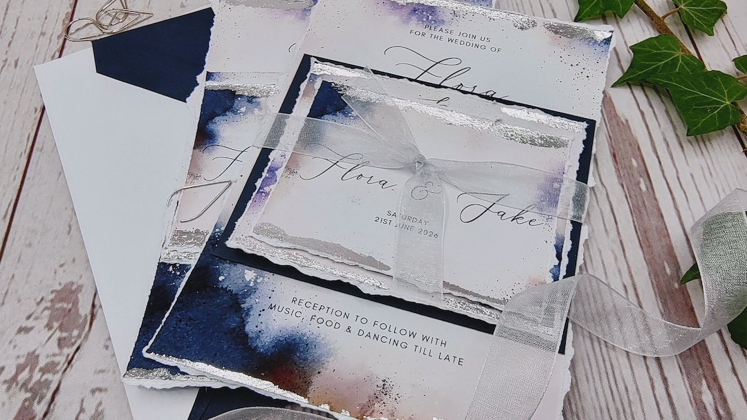 Twilight Watercolour Wedding Invitations With Silver Leaf, With Deckled ...