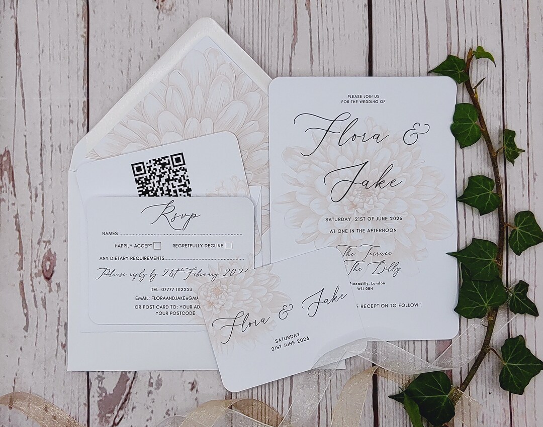 Dahlia Floral Wedding Invitations With Ribbon or Clips, Soft Floral ...