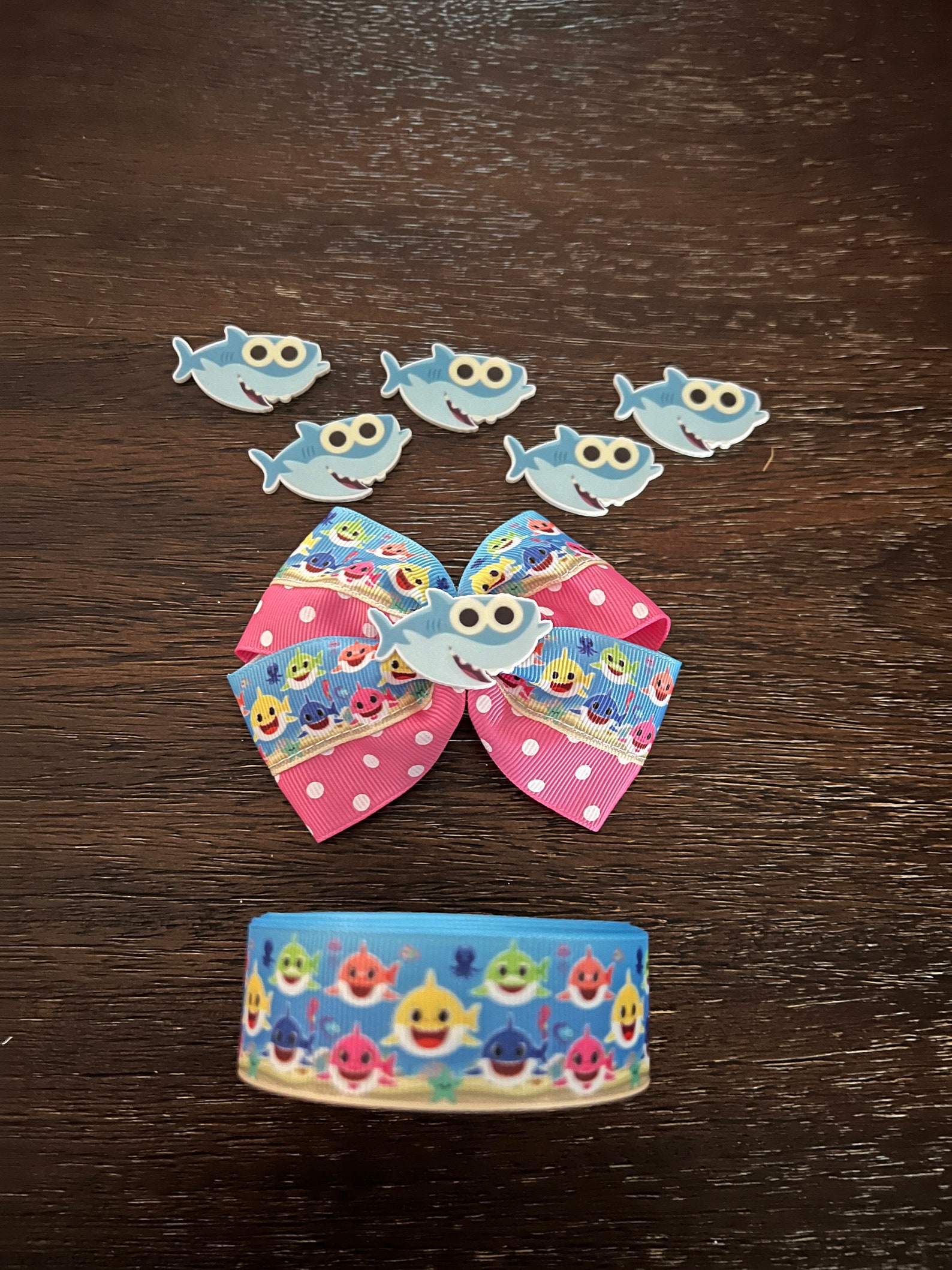 Shark Inspired Craft Lot, (1) Handmade Hair Bow, 10 Yards of 7/8 ...