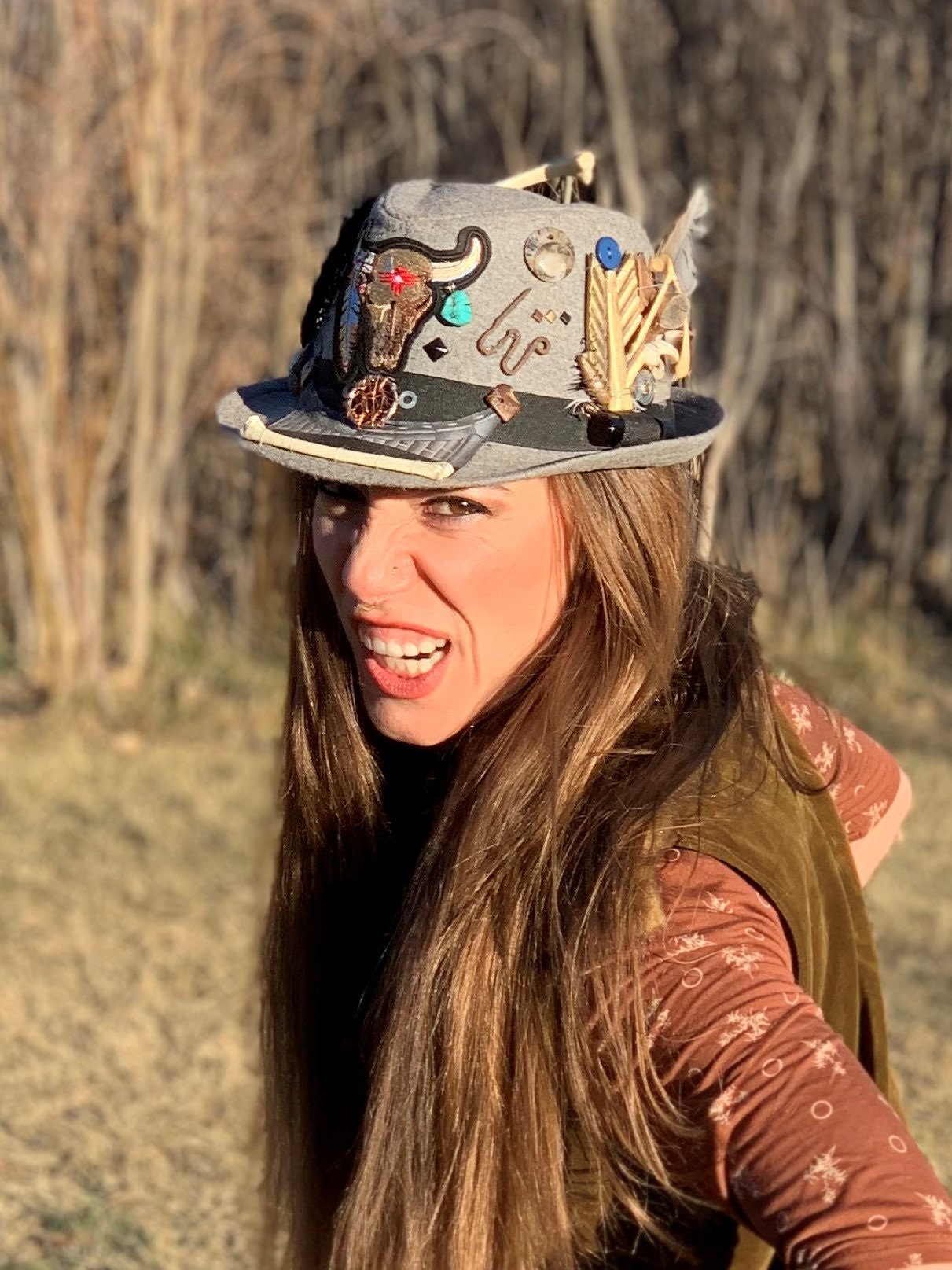 Bone Medicine Hat, Gray Feodora Bull Skull Patch, Turquoise, Bones ...