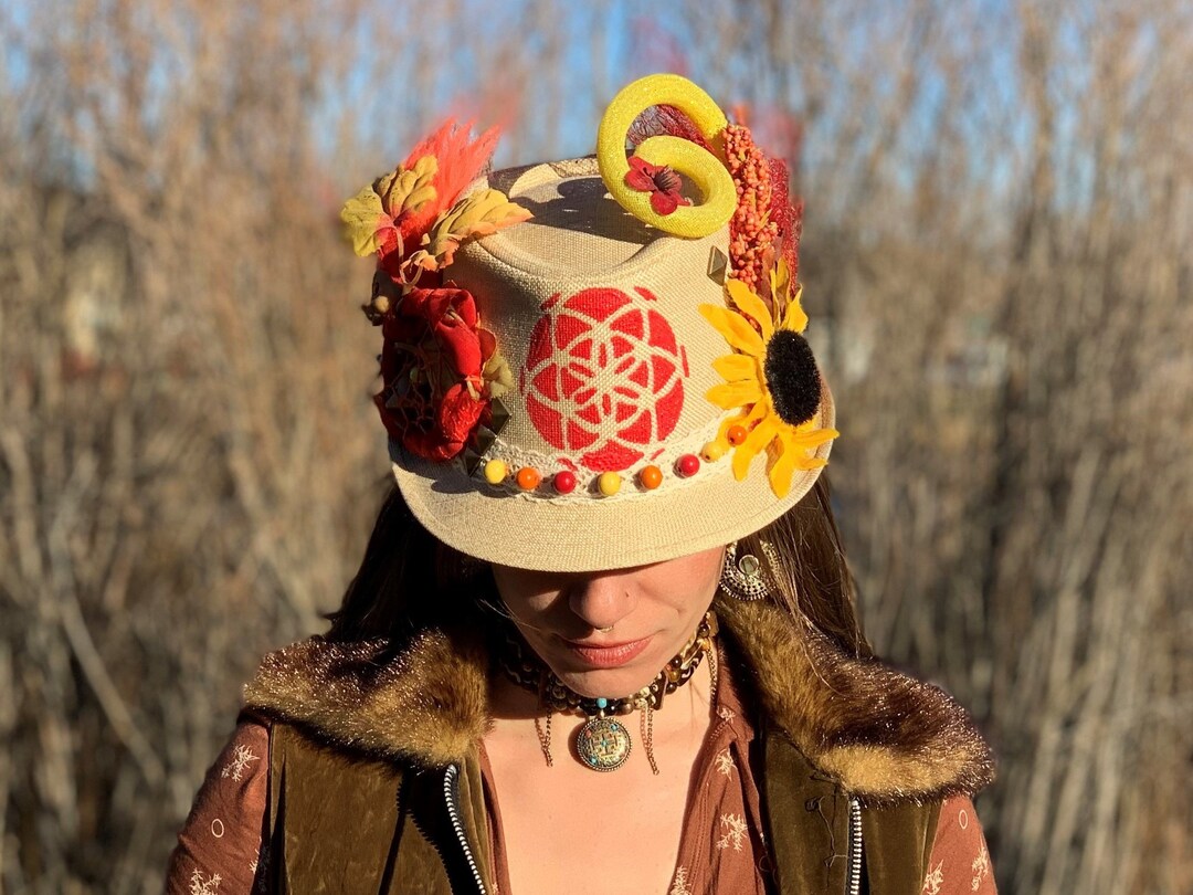 Orange Troll of Life Fedora Hat, Sunflower, Spiral, Mushroom, Dragon ...