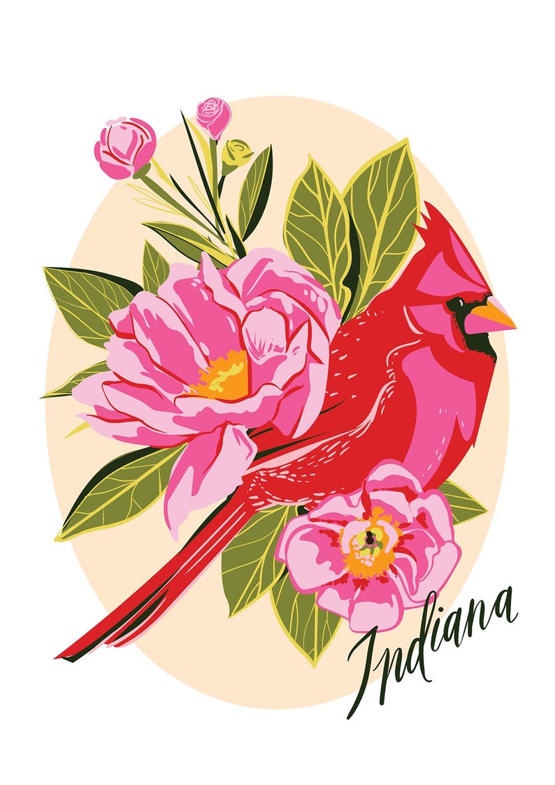 Indiana State Bird & Flower Art Print – Cardinal and Peony Wall Decor ...