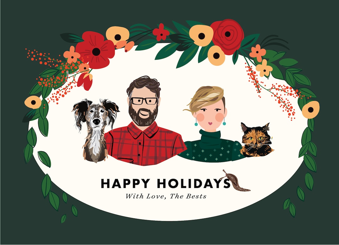 Christmas Card With Family Portrait | Digital Couple Illustration ...