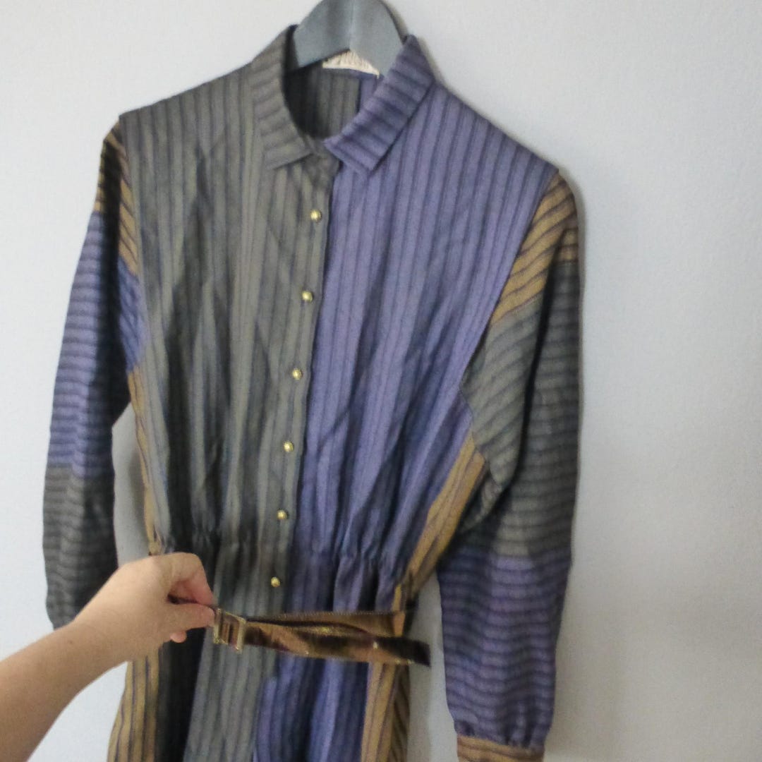80s FINK MODELL Shirtdress. L Size. Secretary Striped Belted Wool Dress ...
