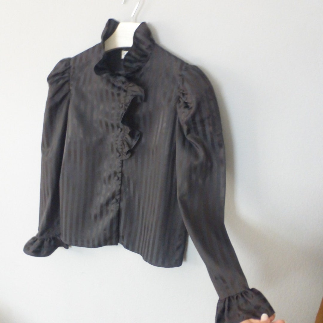 80s Ruffled Blouse. L Size. Glossy Black Women's Triacetate/ Polyester ...