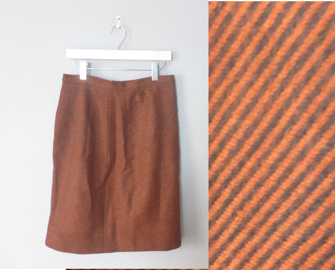 70s Secretary Skirt. L Size. Pure New Wool Brick Orange/ Brown Striped ...