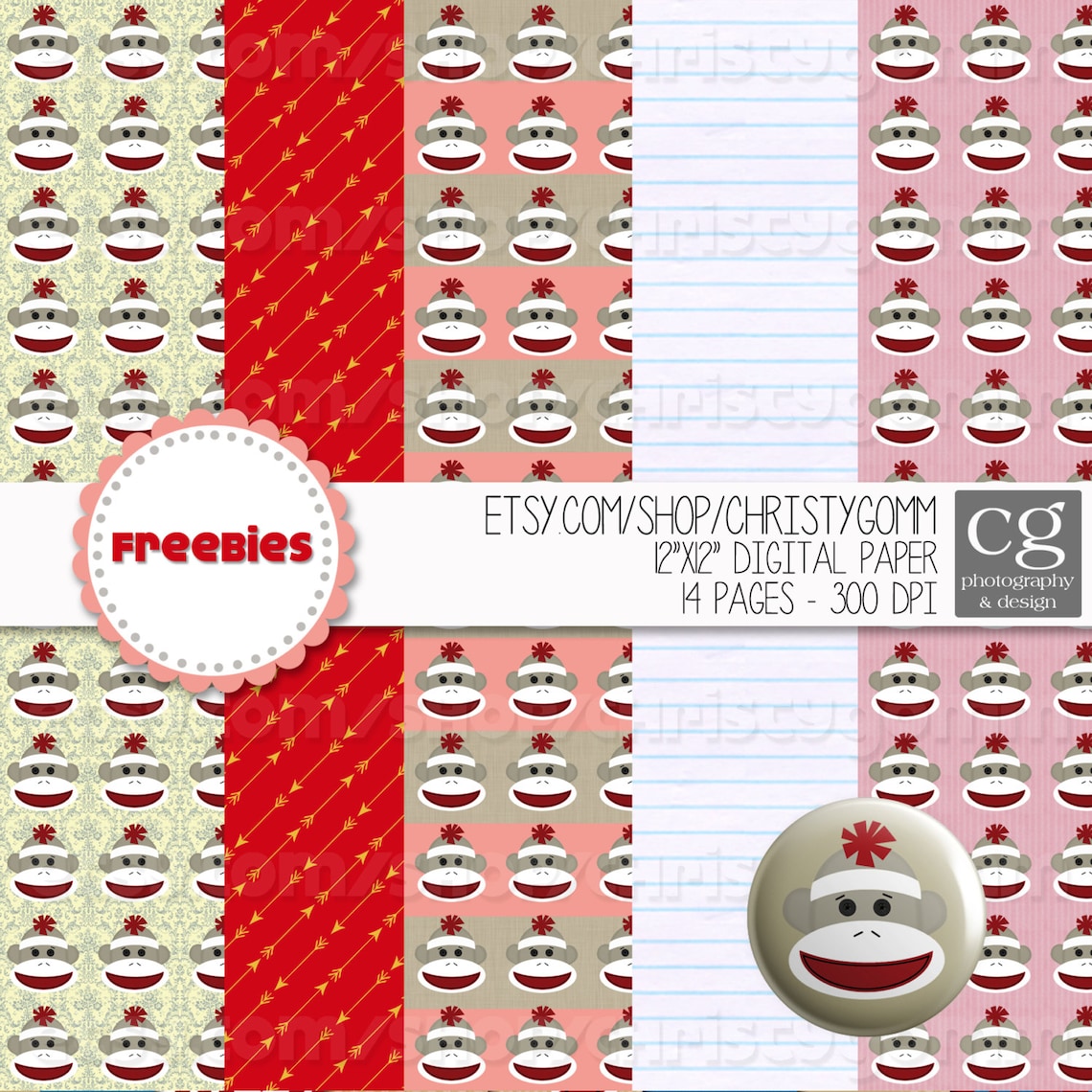 Sock Monkey Printable Digital Paper Pack - 12"x12" - 300 Dpi - for ...