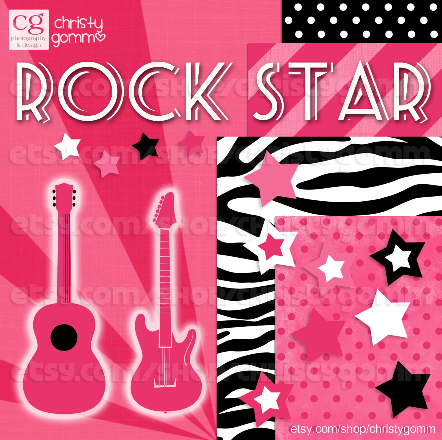 Rock Star Clip Art, 5 Digital Papers, Instant Download, Pink, Zebra ...
