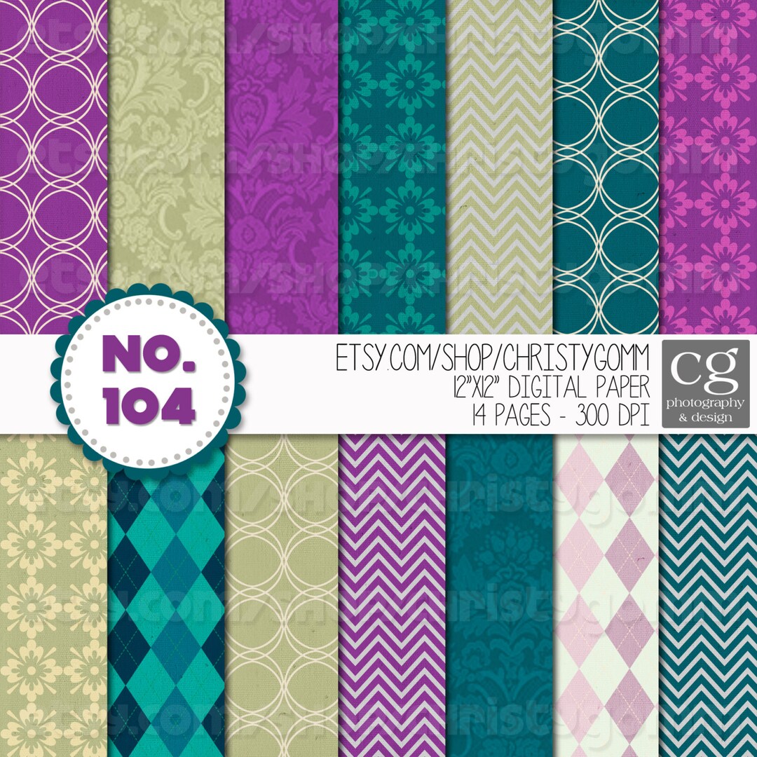 Teal, Purple, Gray Printable Digital Paper Pack - 12"x12" - 300 Dpi ...