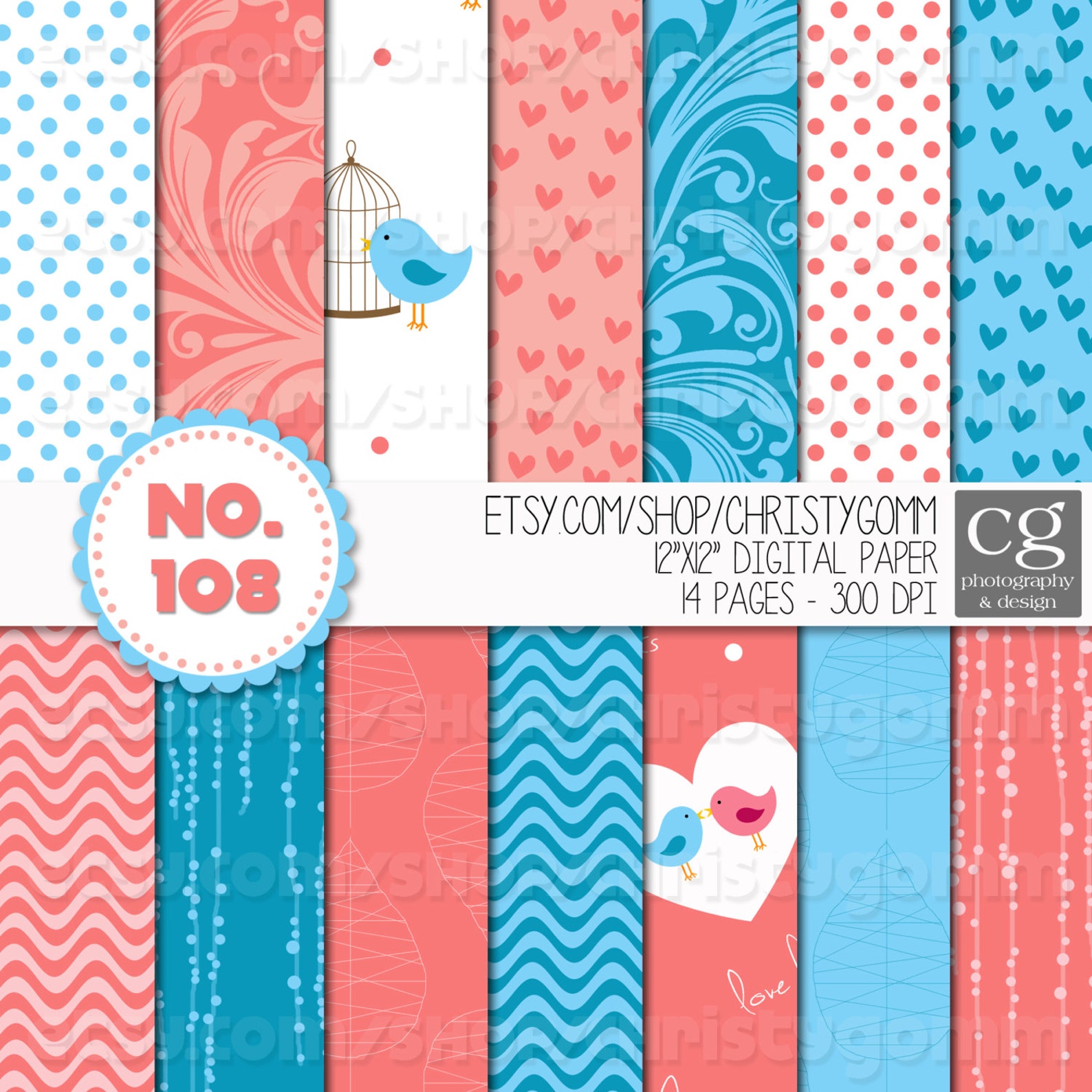 Love Birds Printable Digital Paper Pack - 12"x12" - 300 Dpi - for ...