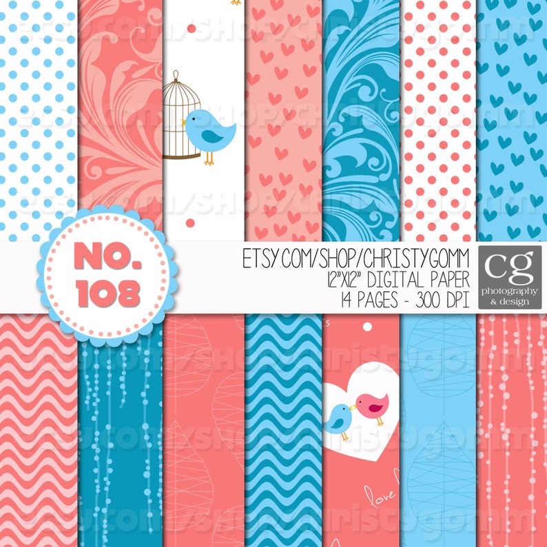 Love Birds Printable Digital Paper Pack - 12"x12" - 300 Dpi - for ...
