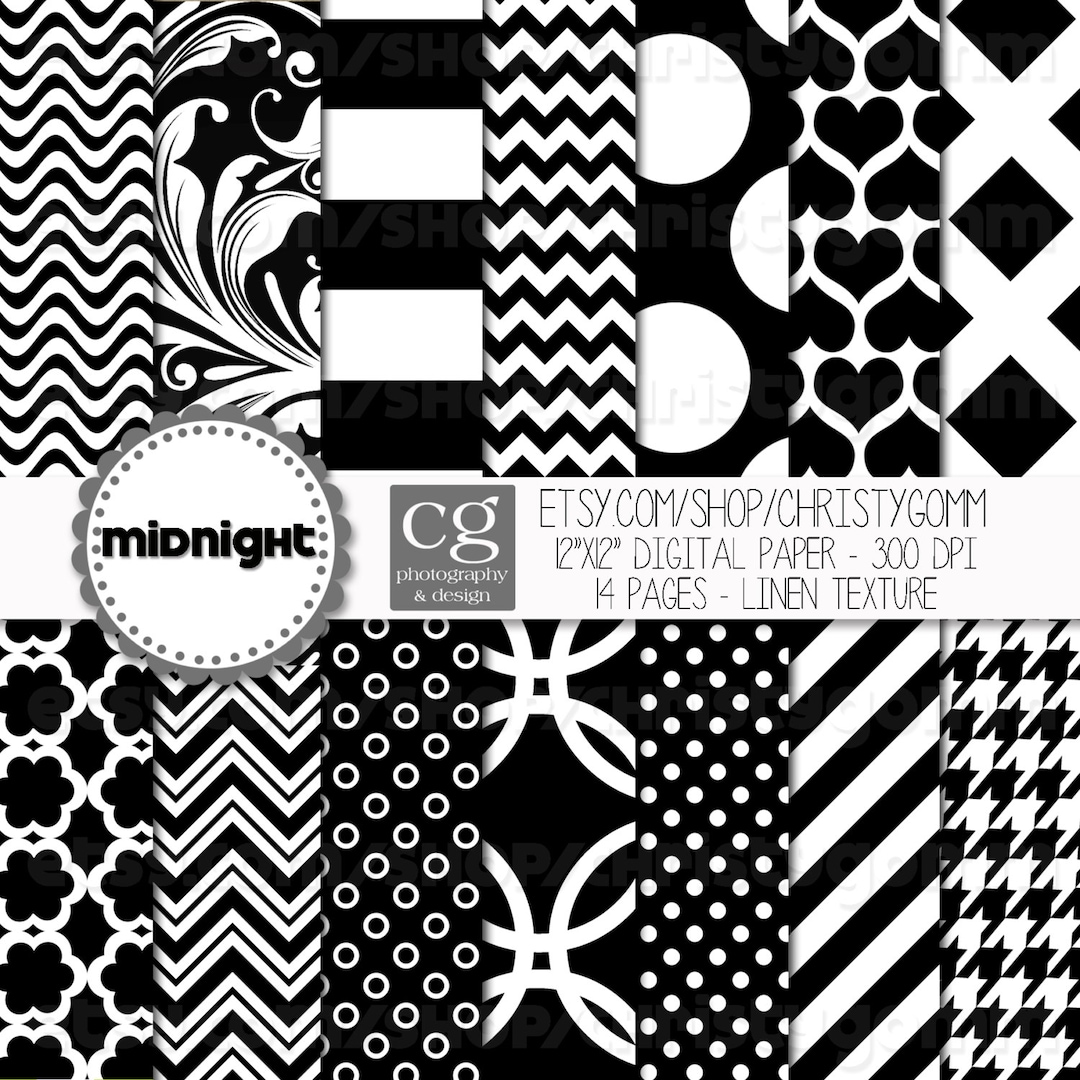 Midnight Black & White Printable Digital Paper Pack - 12"x12" - 300 Dpi ...