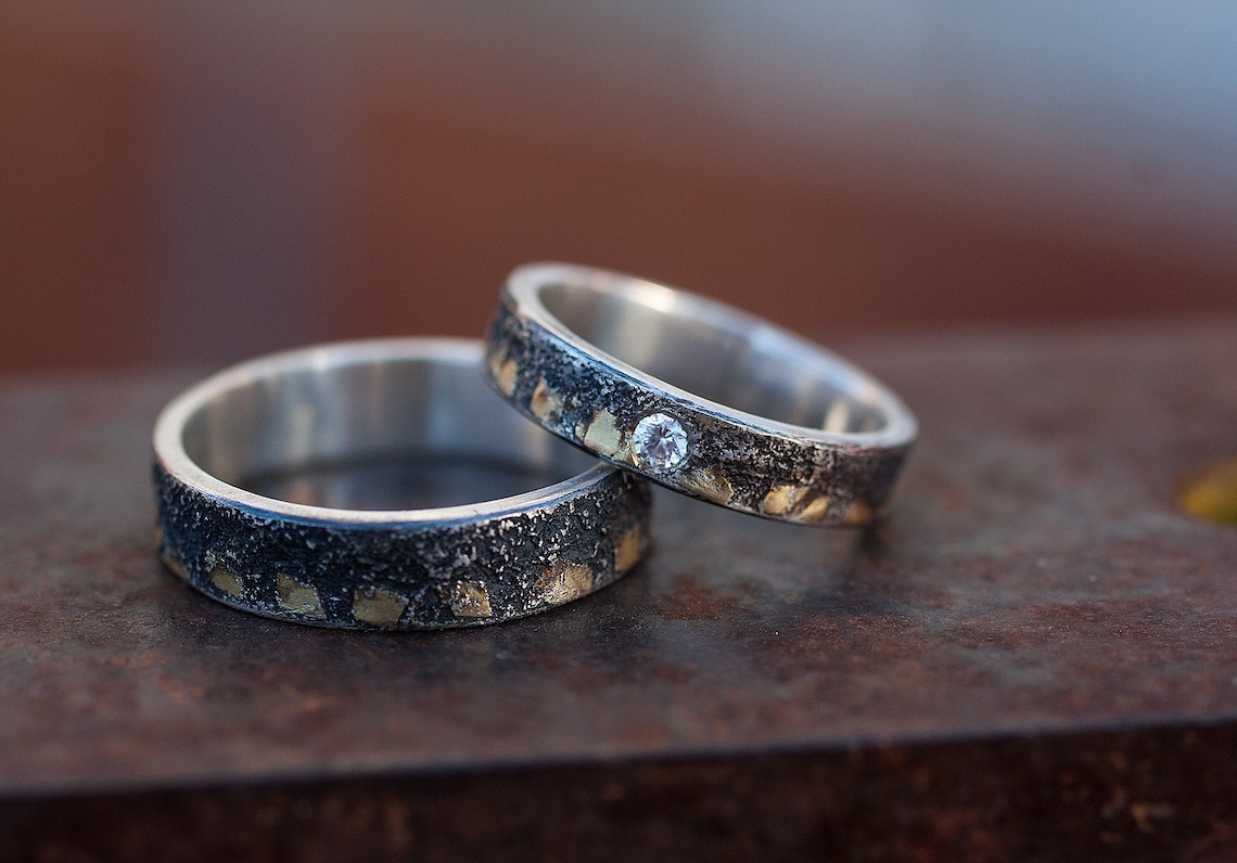 Wedding Ring Set: Rustic Wedding Bands Matching Wedding Band - Etsy