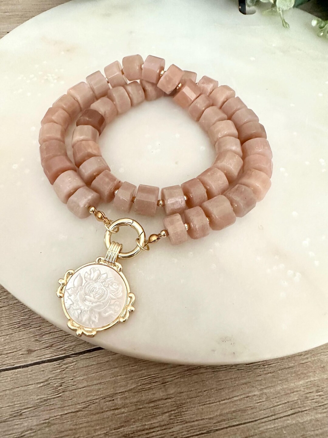Peach Moonstone Beaded Necklace Locket Rose Coin Pendant Chunky ...