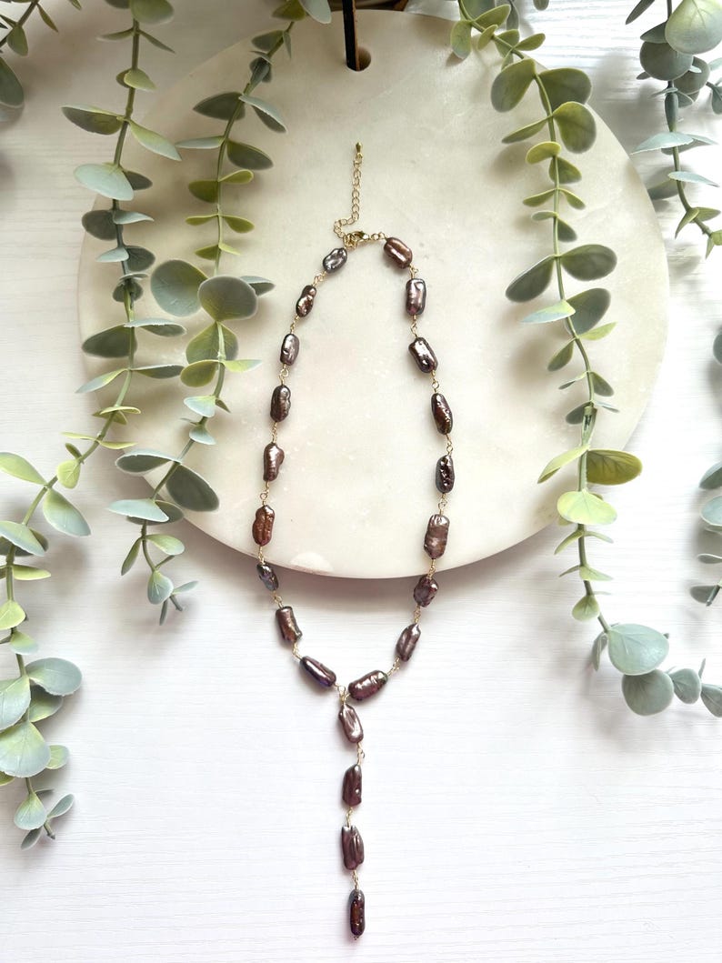 Bronze Mauve Biwa Pearl Lariat Necklace, Freshwater Pearl Necklace ...