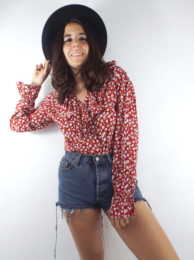 Vintage 90s Red Ruffled Floral Print Blouse - Etsy