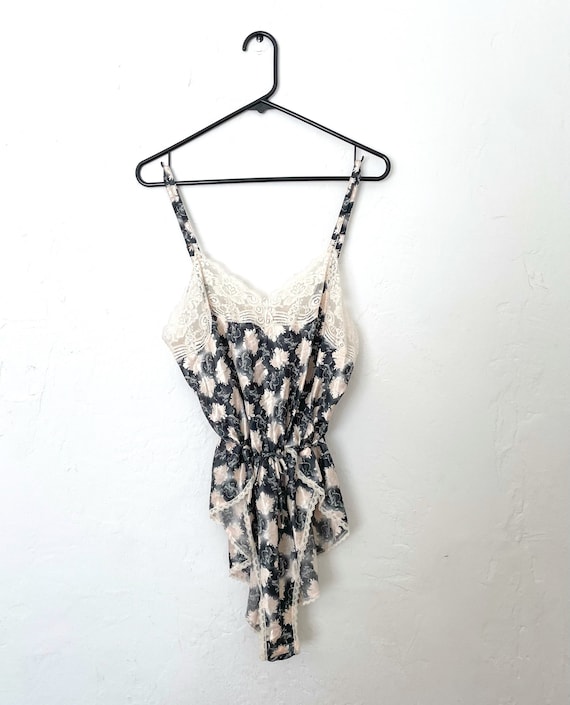 Floral Lace Vintage Silky Nylon Slip Teddy Cami Rompe… Gem