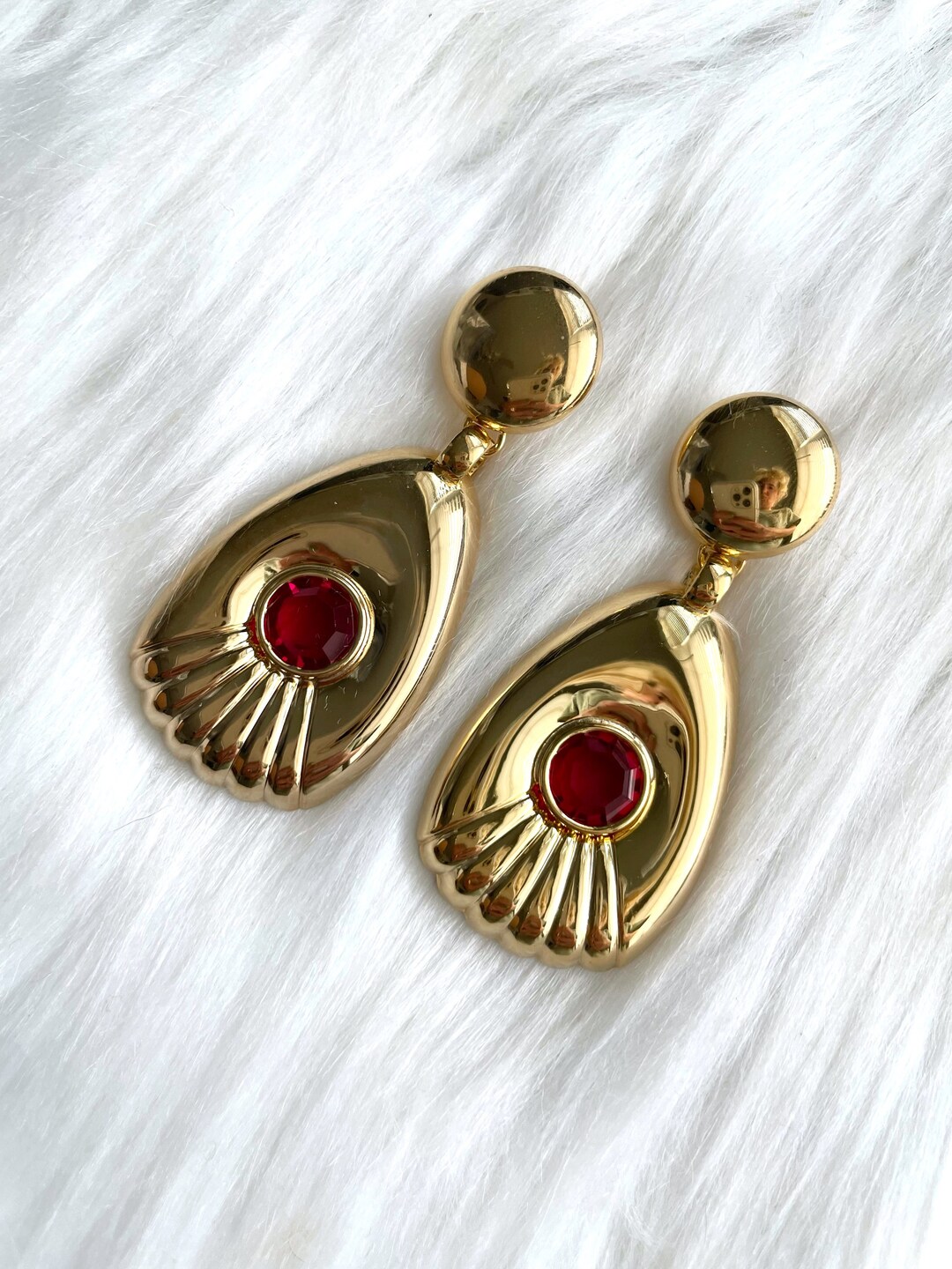 Vintage Large Faux Gold Dangling Red Gemstone Earrings - Etsy