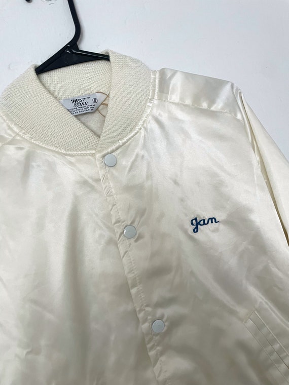 Vintage 70s Rainbow Design White Satin Bomber Jacket - Gem